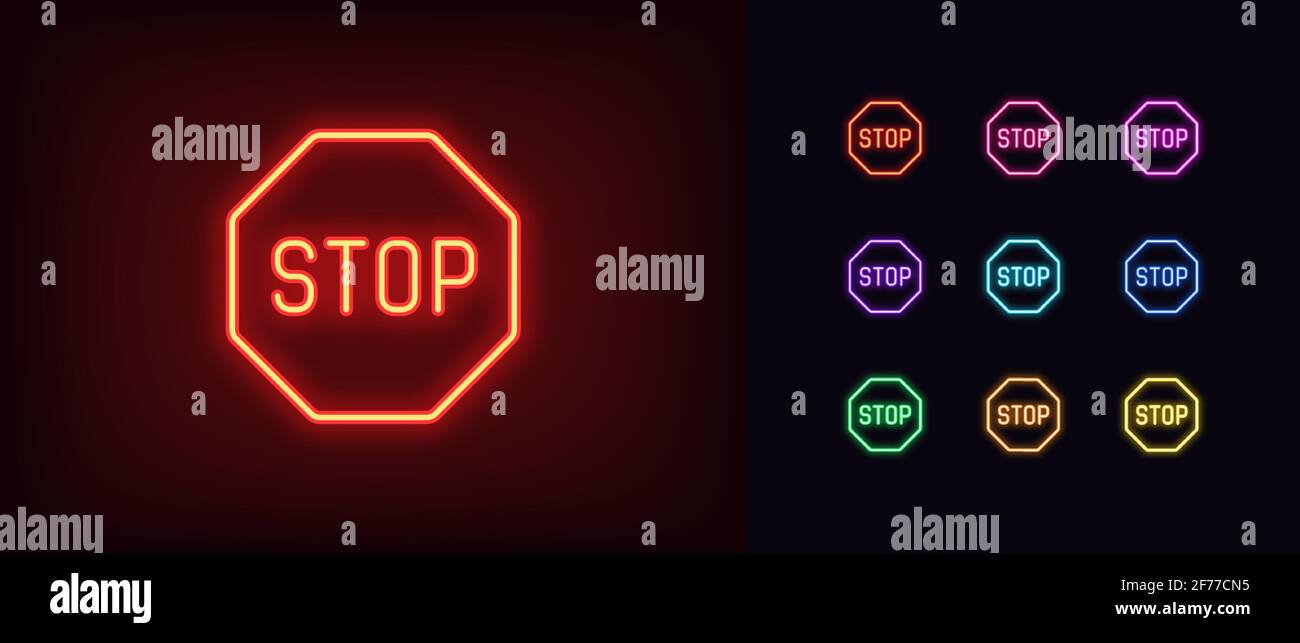Neon stop icon. Glowing neon stop sign with text, outline silhouette in ...