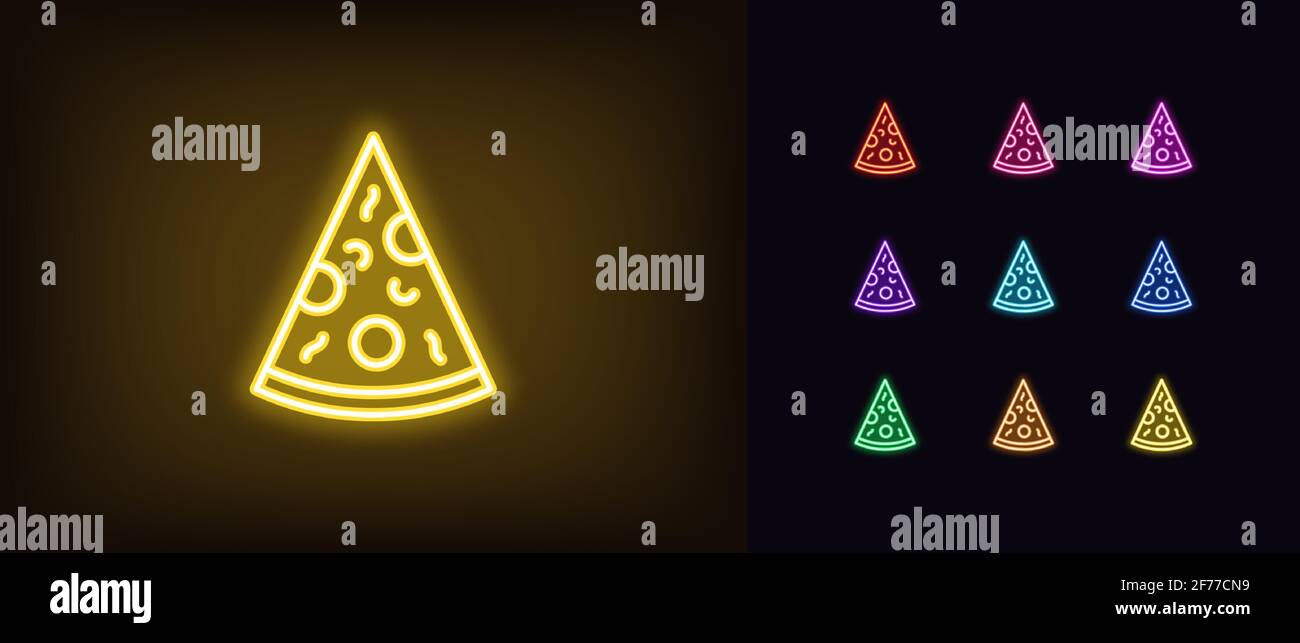 Neon pizza slice icon. Glowing neon pizza sign, outline silhouette in ...
