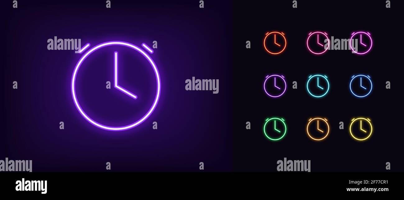 Neon time icon. Glowing neon clock sign, outline alarm silhouette in ...