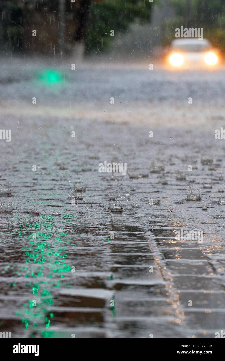 The green light of the traffic light was reflected in large drops of ...