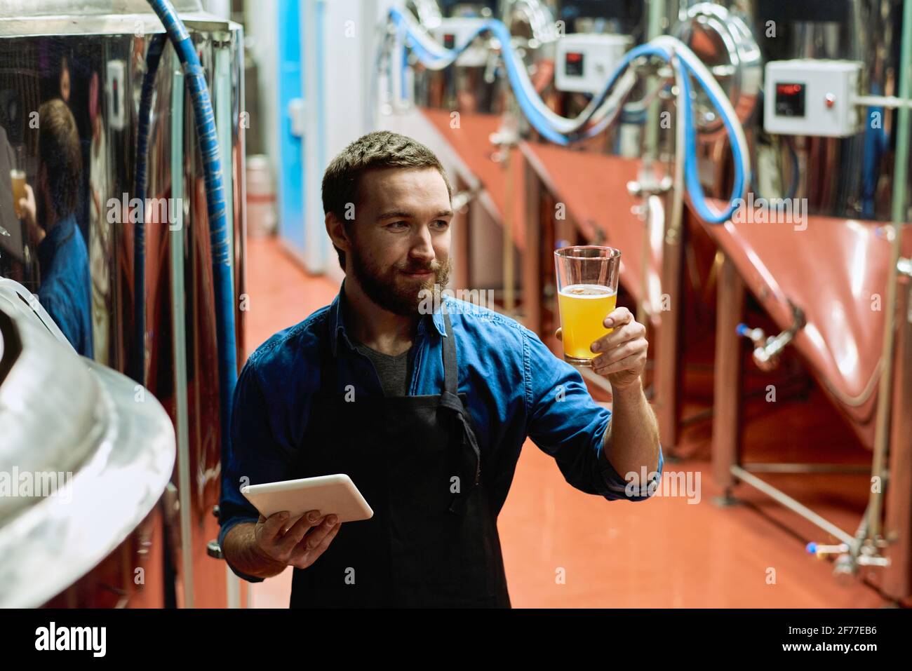 Happy young brewer with digital tablet looking at glass of beer in his ...
