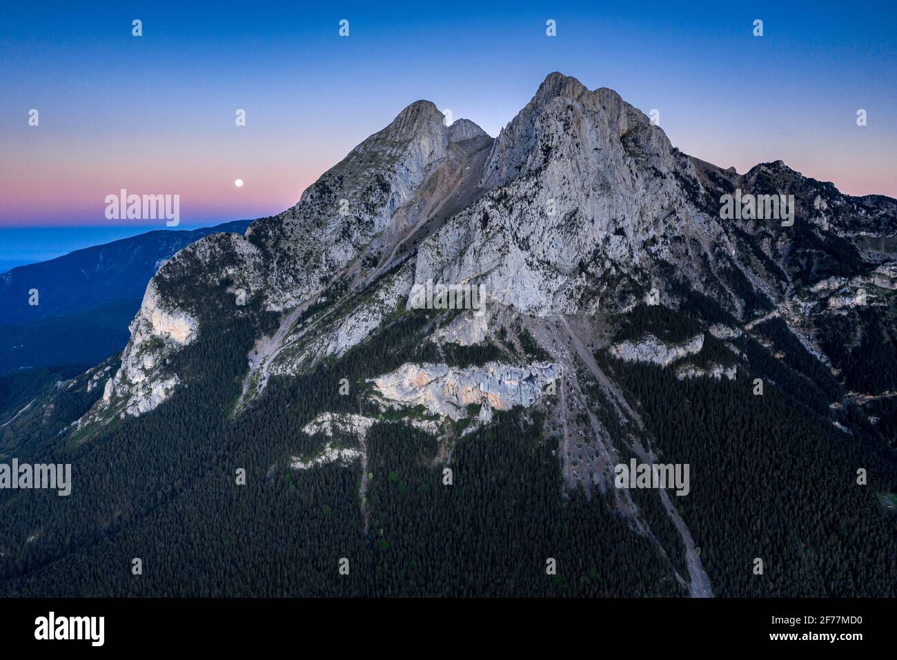 Pedraforca mountain aerial view in a summer sunrise with the Full Moon ...