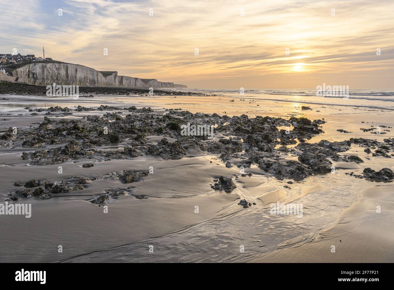 France, Somme, Ault, the Picardy cliffs at sunset in Ault and the ...
