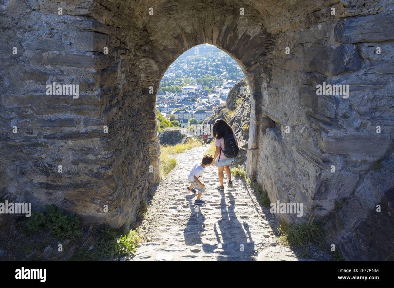 Switzerland, Wallis, Sion, the old town along Rhone river features a ...