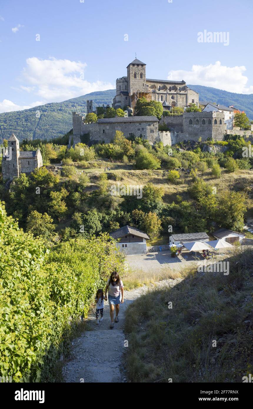 Switzerland, Wallis, Sion, the old town along Rhone river features a ...