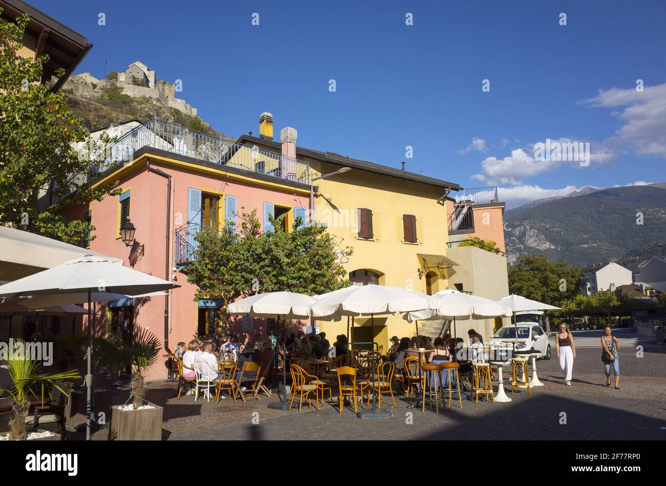 Switzerland, Wallis, Sion, the old town along Rhone river features a ...