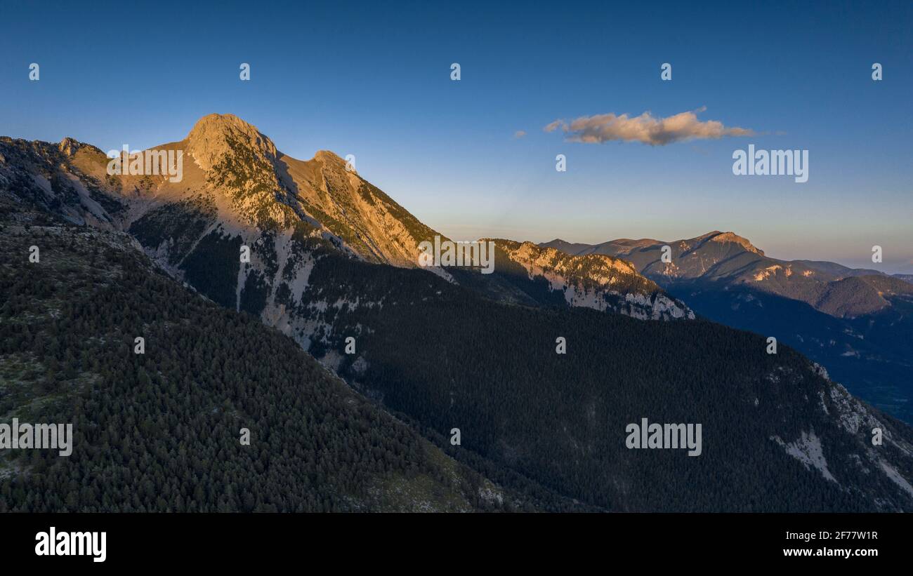 Pedraforca west face aerial view in a spring sunset over Gósol Valley ...