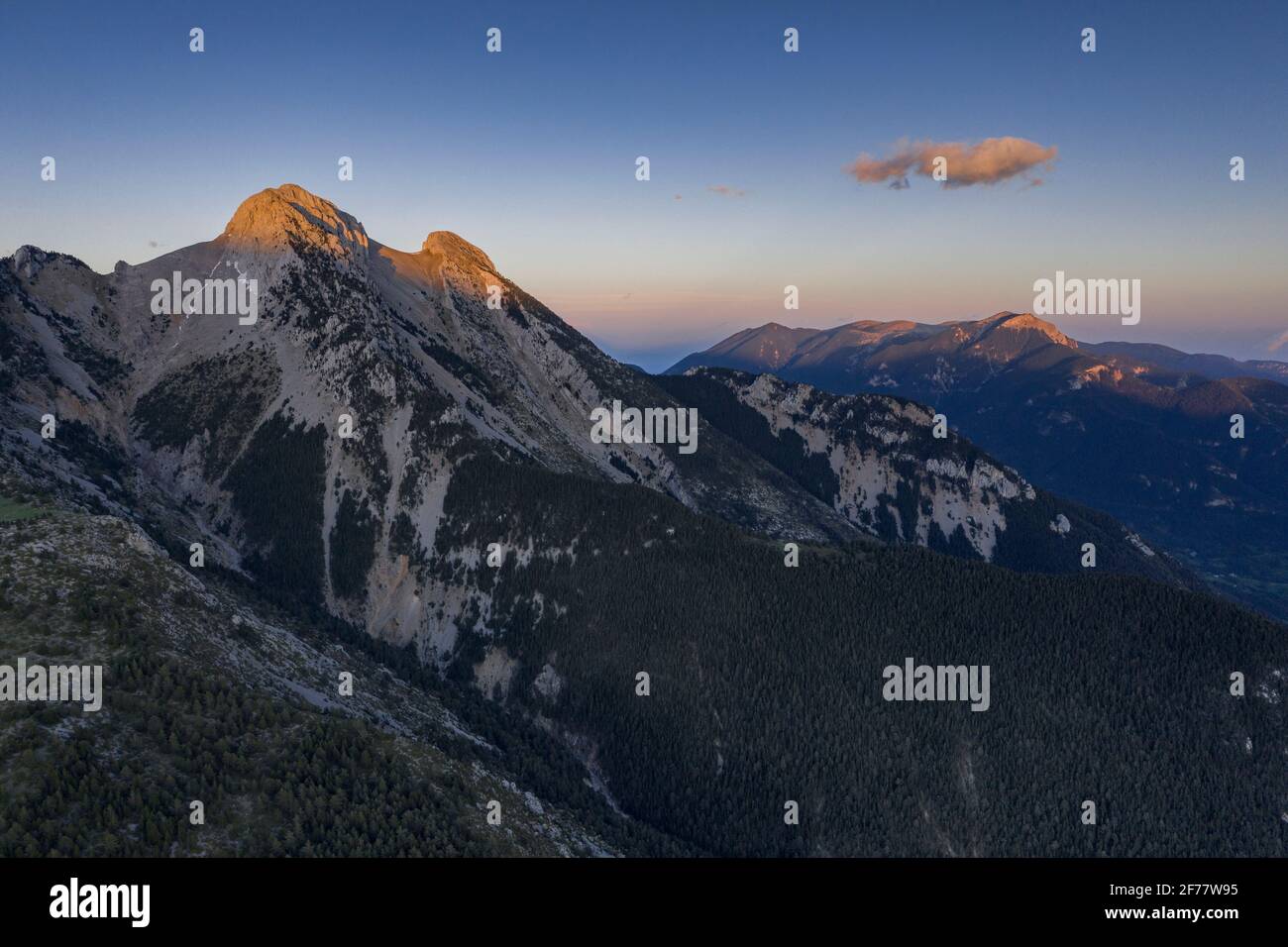 Pedraforca west face aerial view in a spring sunset over Gósol Valley ...