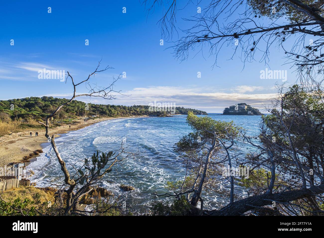 France, Var, Bormes-les-Mimosas, Cabasson beach and Bregançon fort ...