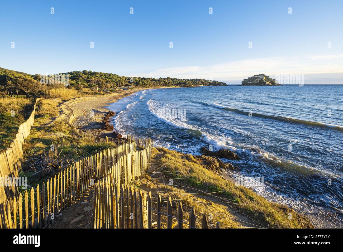 France, Var, Bormes-les-Mimosas, Cabasson beach and Bregançon fort ...
