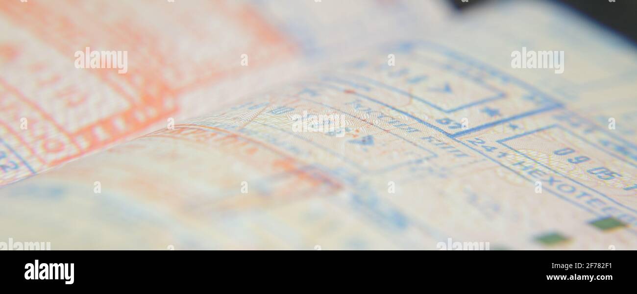 open passport pages with marks and stamps on crossing the border Stock ...