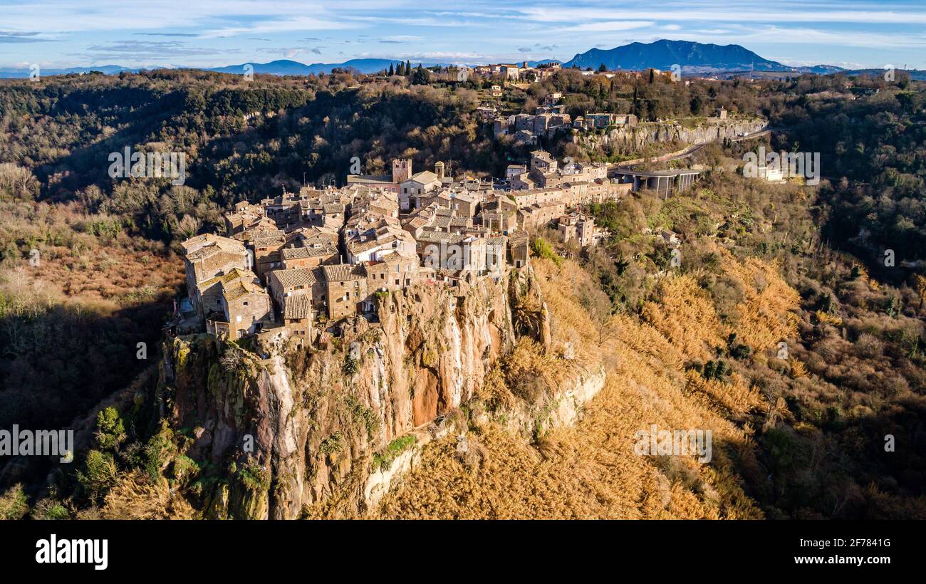 Postcard from Italy. Aerial view of the medieval village of Calcata ...