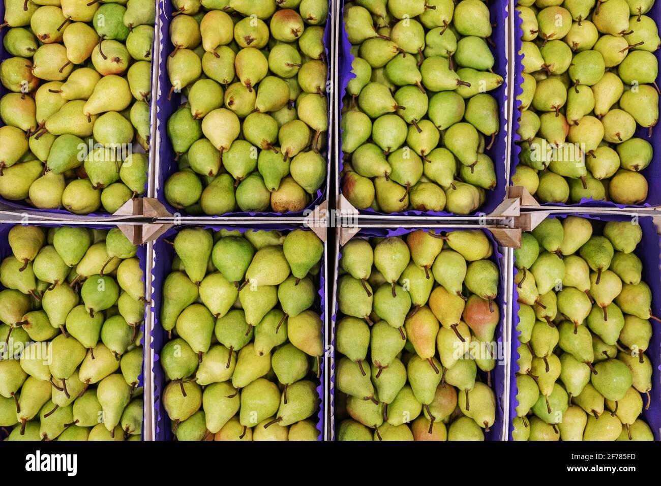 Aerial view of pears in crates ready for shipping. Cold storage ...