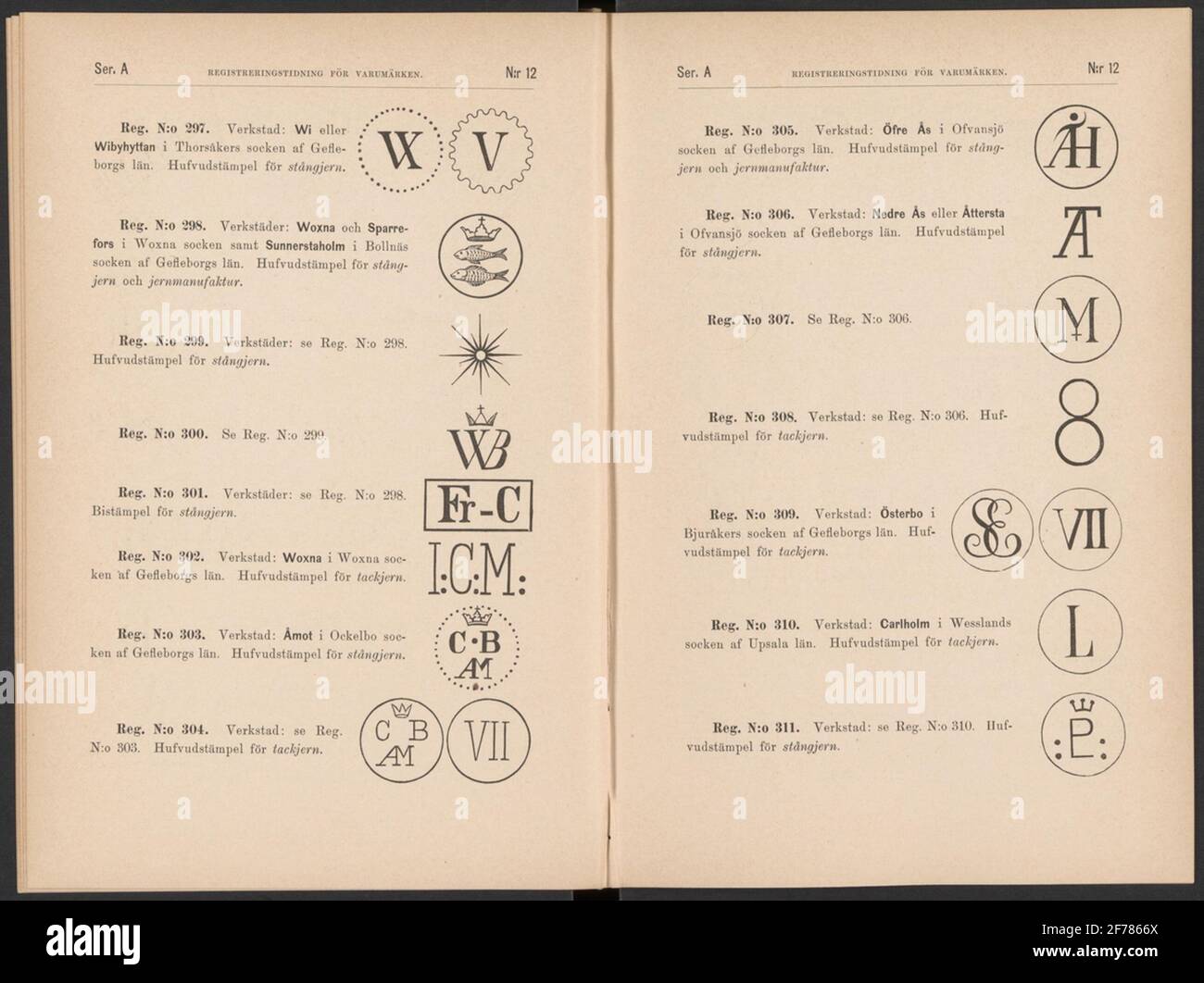 Registration magazine for brands 1885. Series A, Swedish iron stamps ...