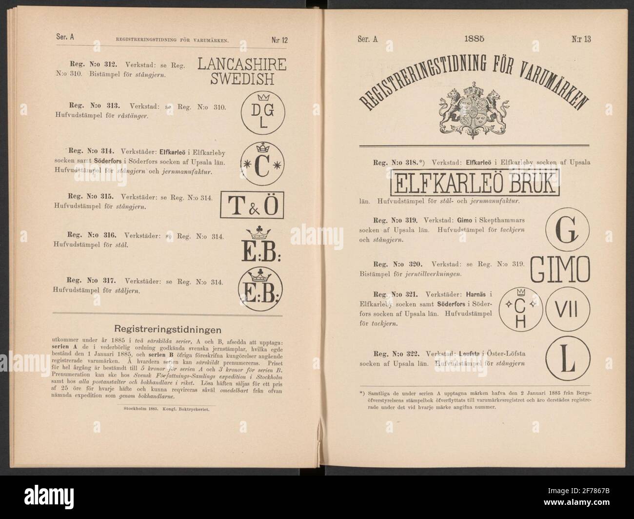 Registration magazine for brands 1885. Series A, Swedish iron stamps ...