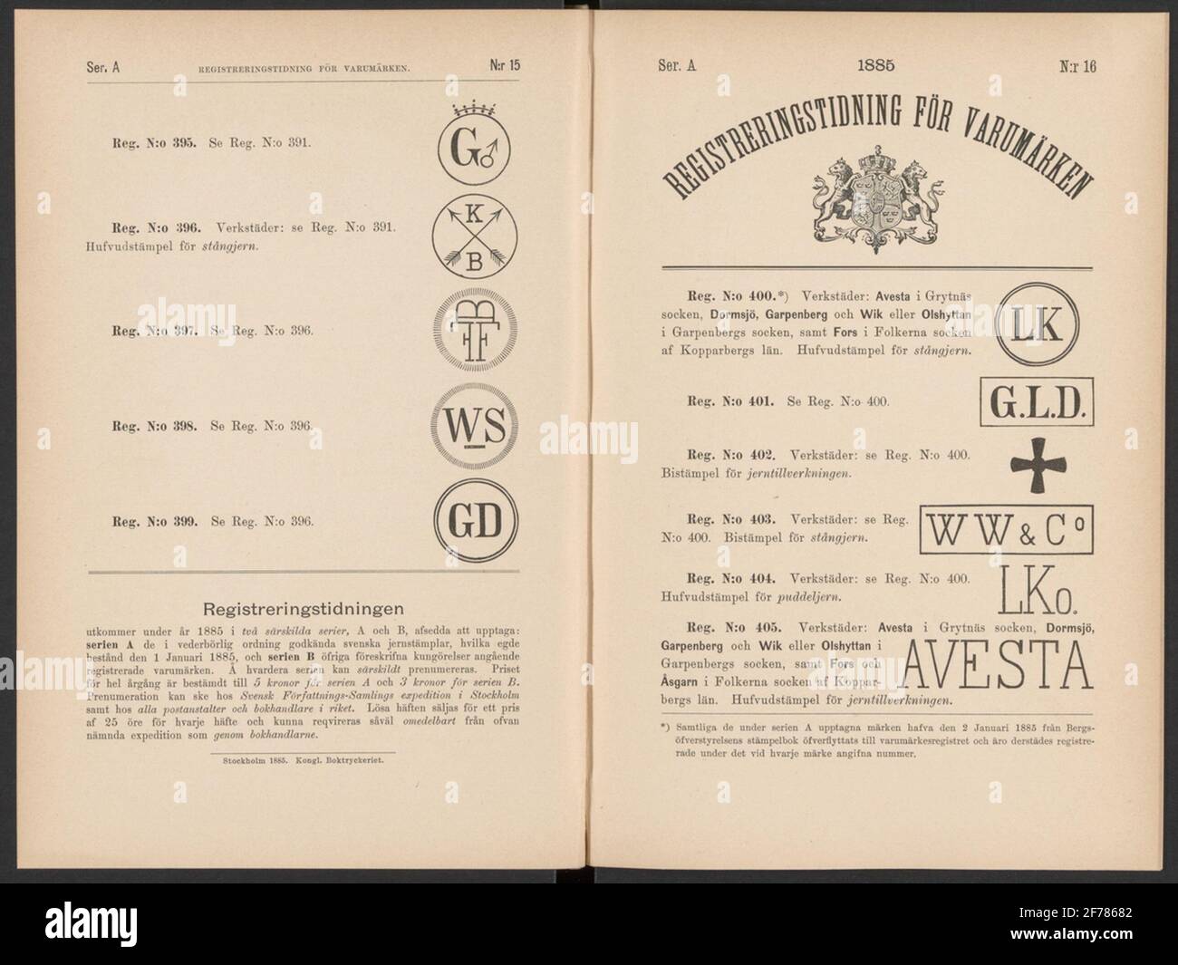 Registration magazine for brands 1885. Series A, Swedish iron stamps ...
