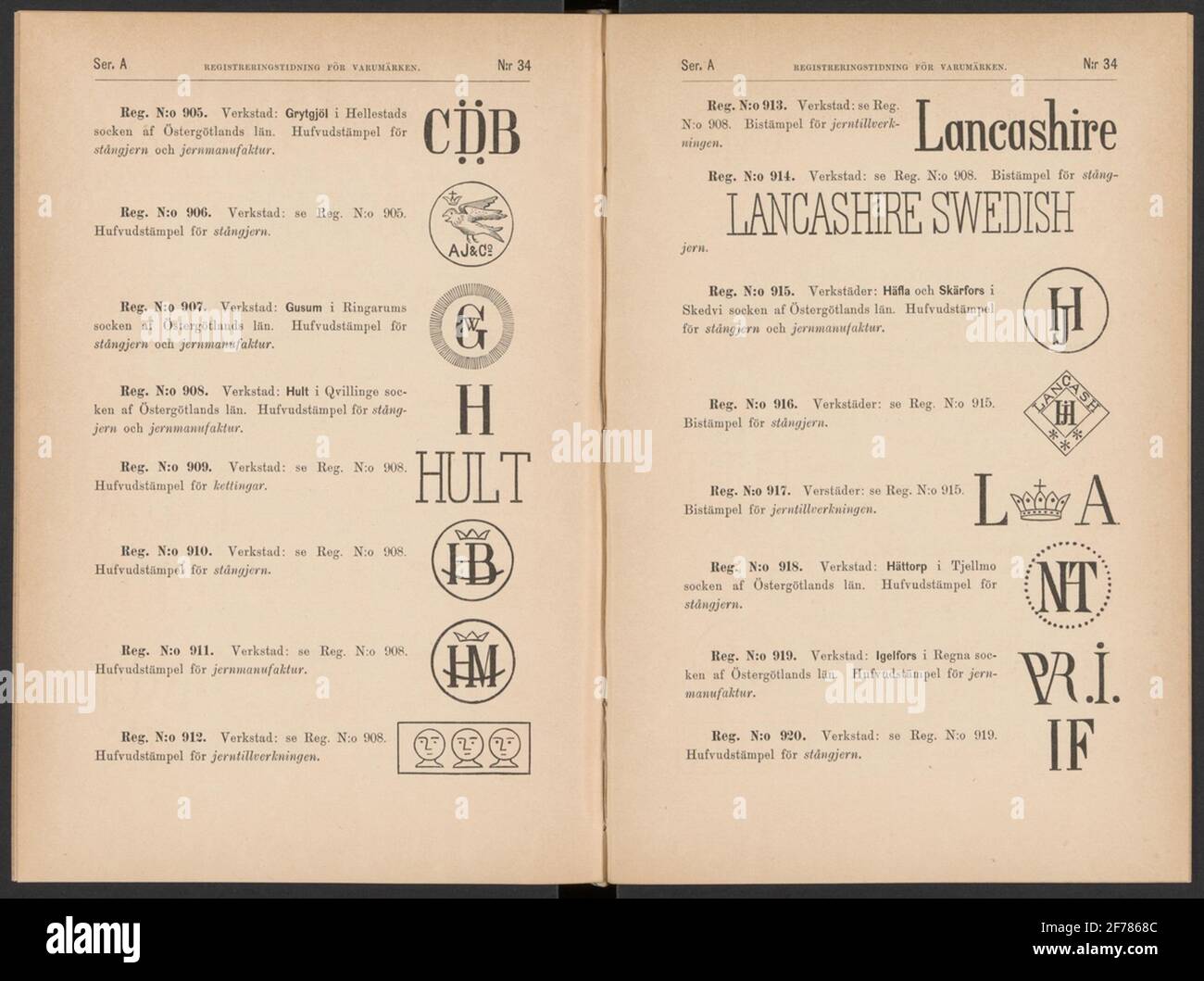 Registration magazine for brands 1885. Series A, Swedish iron stamps ...