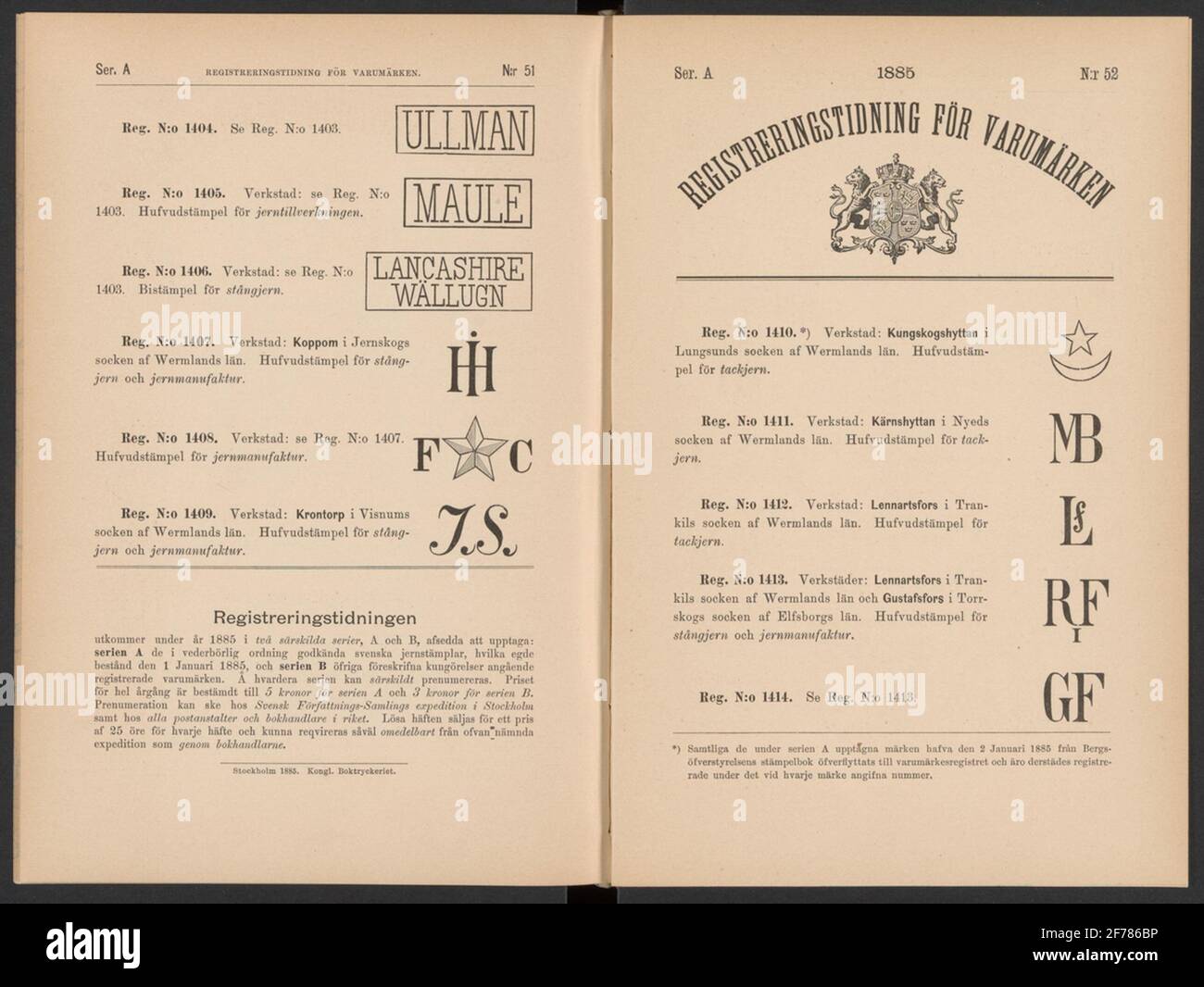 Registration magazine for brands 1885. Series A, Swedish iron stamps ...