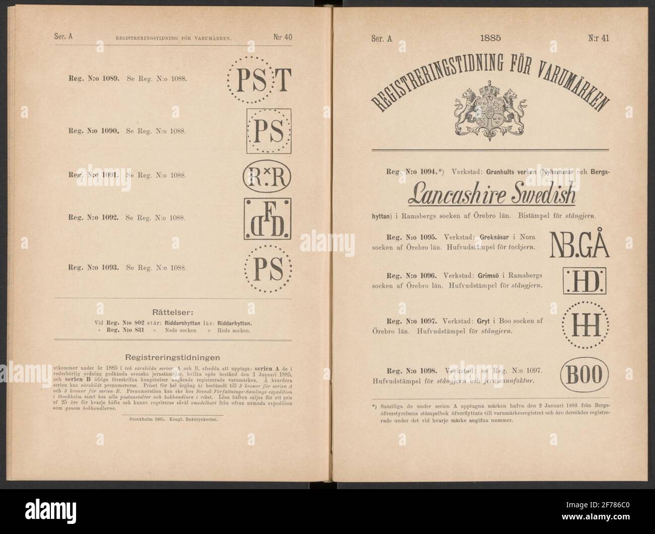 Registration magazine for brands 1885. Series A, Swedish iron stamps ...