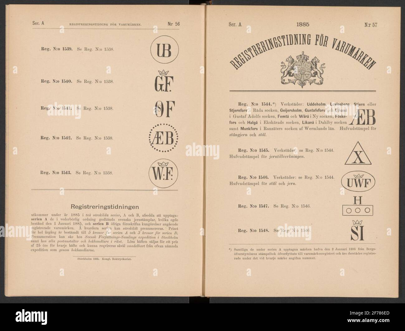 Registration magazine for brands 1885. Series A, Swedish iron stamps ...