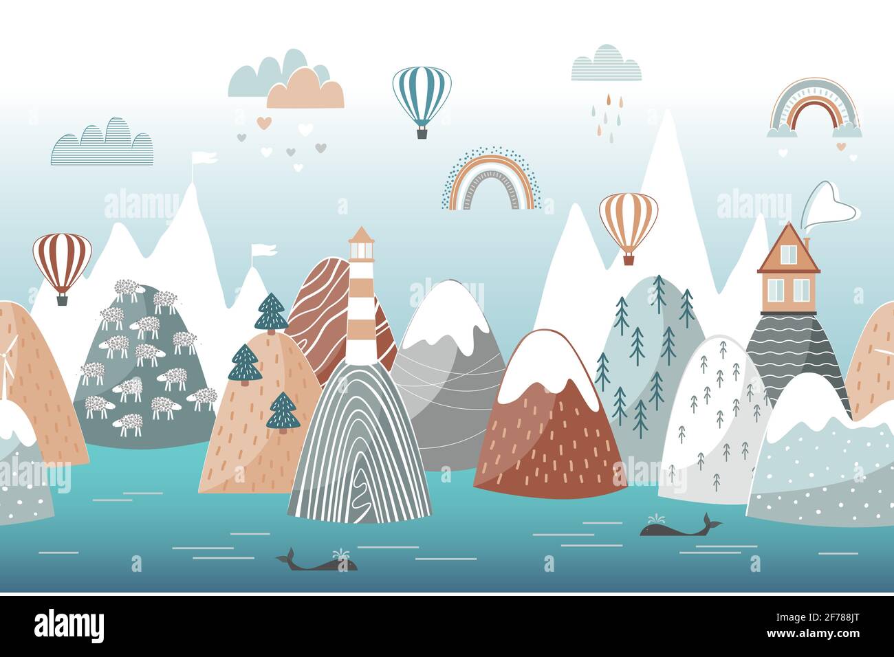 Cute seamless landscape pattern with sea waves, mountains, lighthouse ...