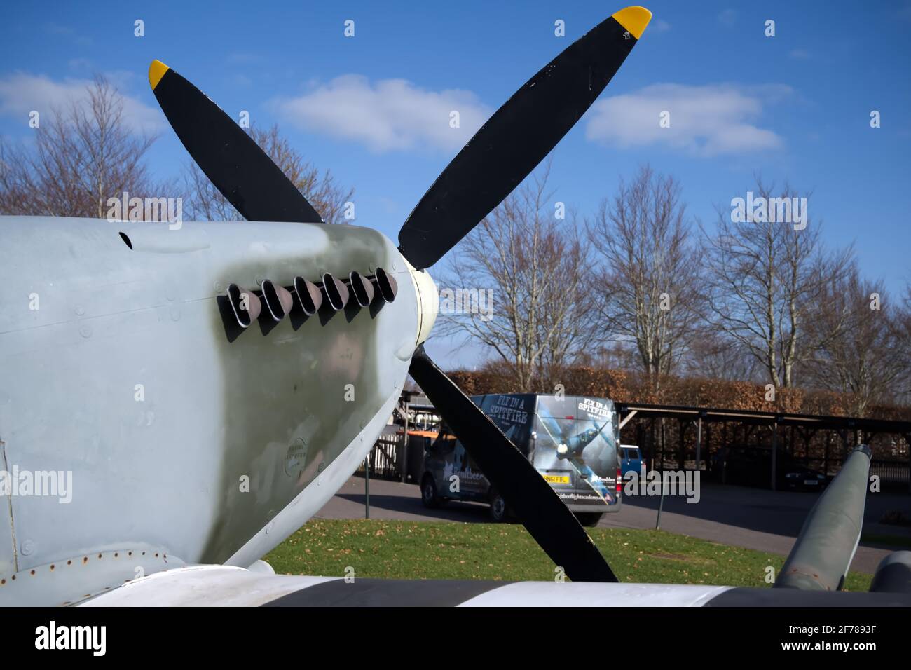 A classic view of the propeller and exhausts from a Spitfire Mk 1X on ...