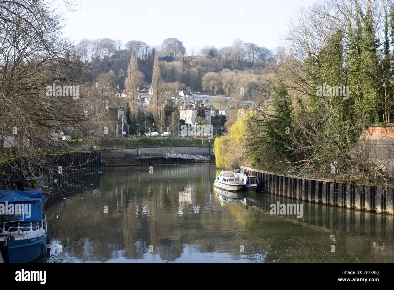 A view down the River Avon at Widcombe, Bath UK, towards the floating ...