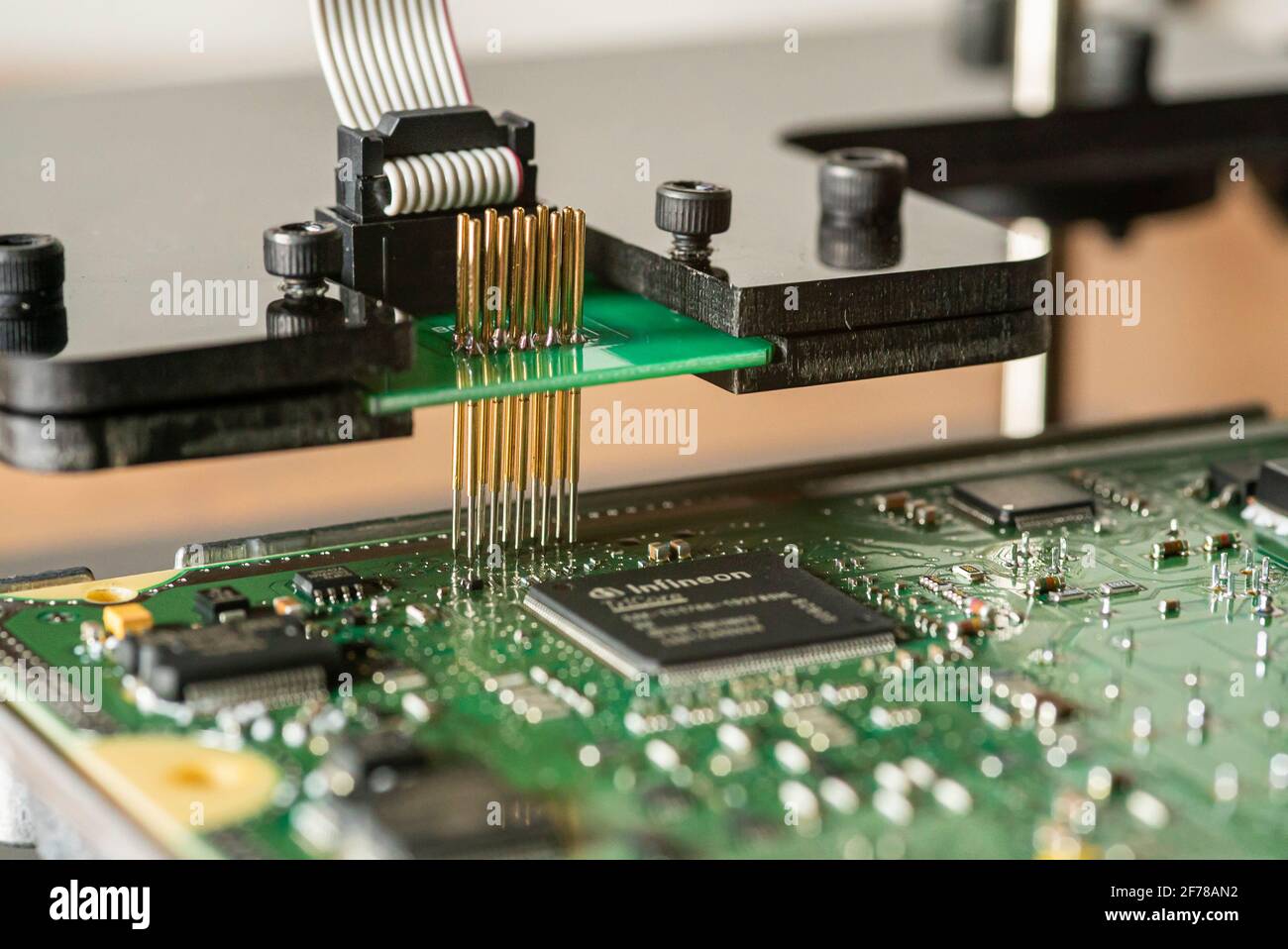 MILAN, ITALY 5 APRIL 2021: Macro detail of Car ecu bench reading method ...