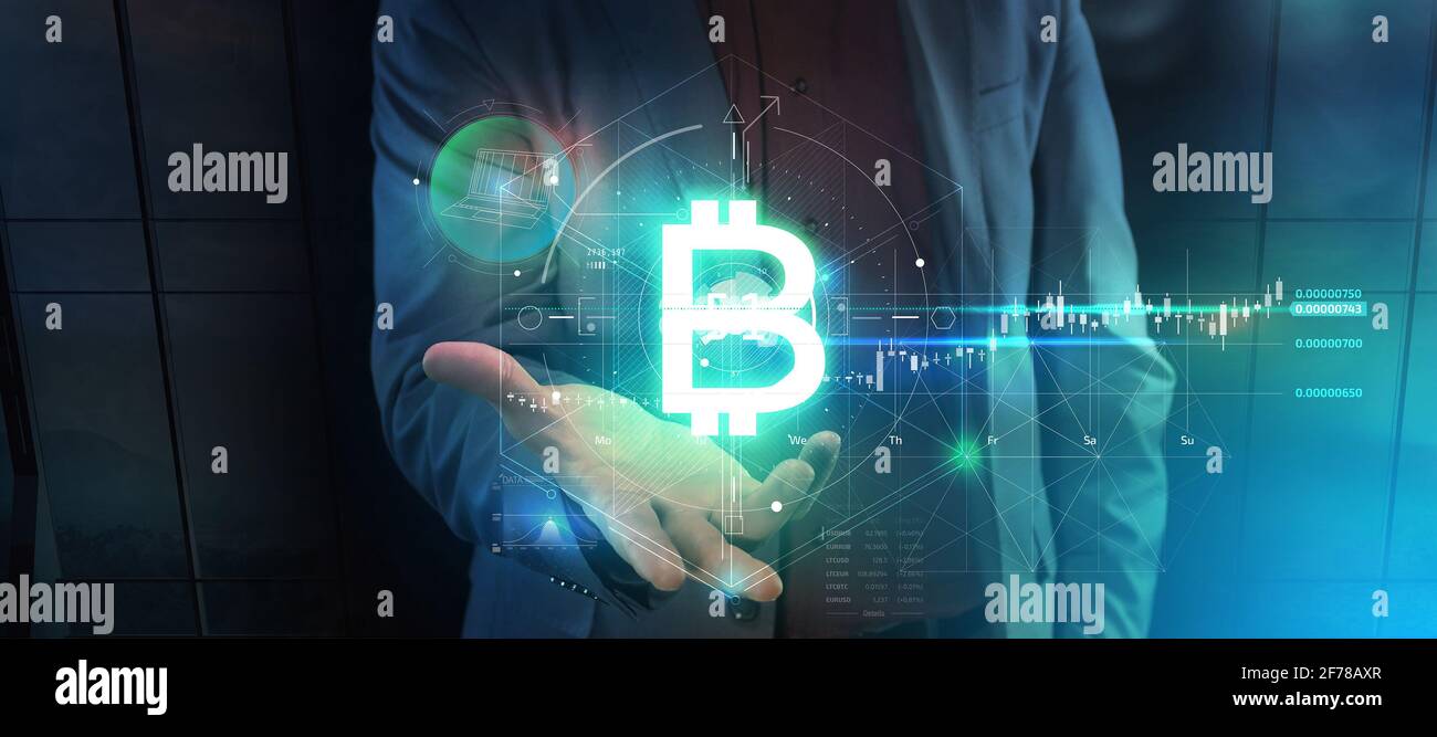 Bitcoin infographics virtual projection on a man's palm. 3D render ...