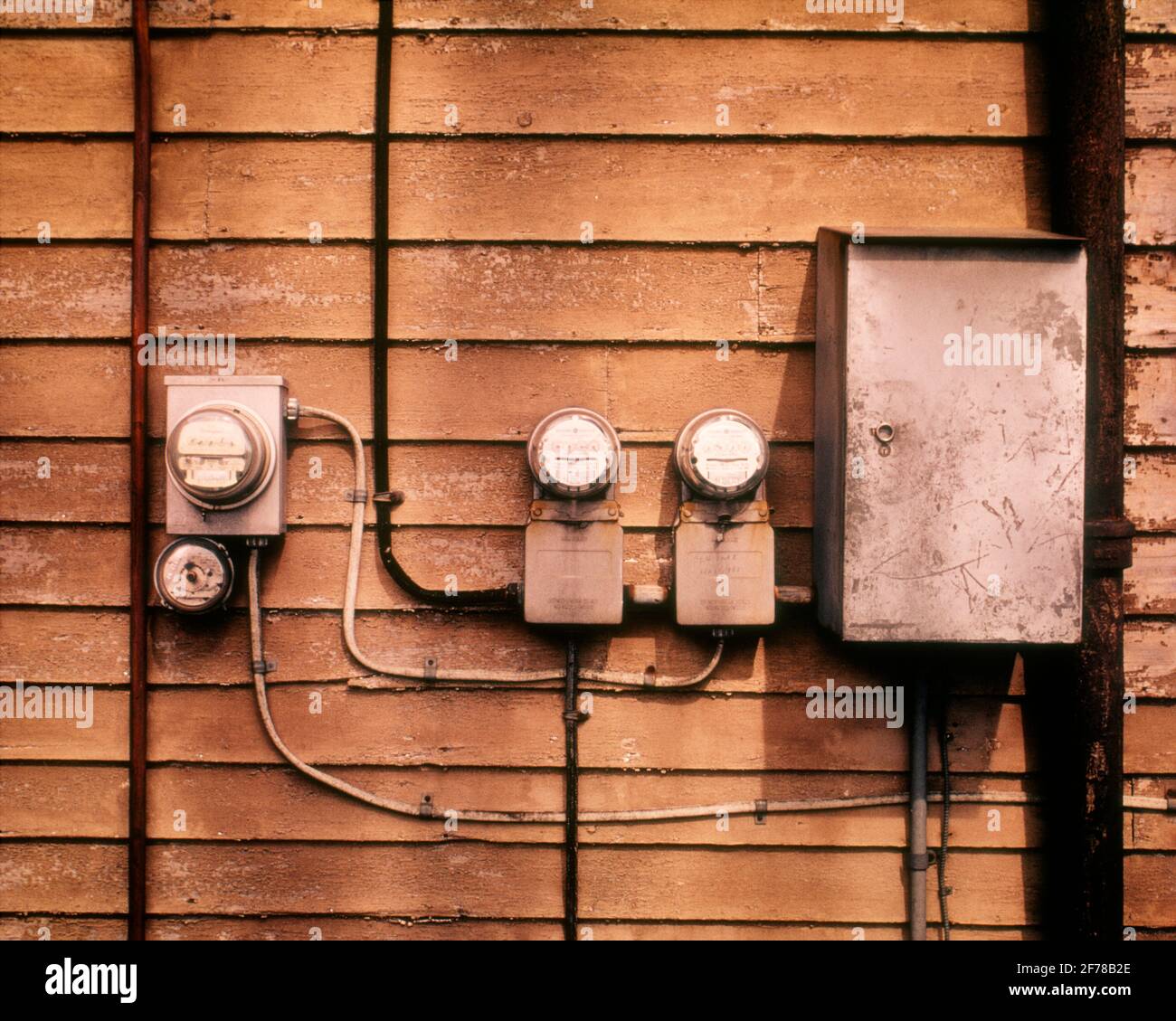 1960s VINTAGE ELECTRIC METERS WOODEN BUILDING WALL RAILROAD STATION ...