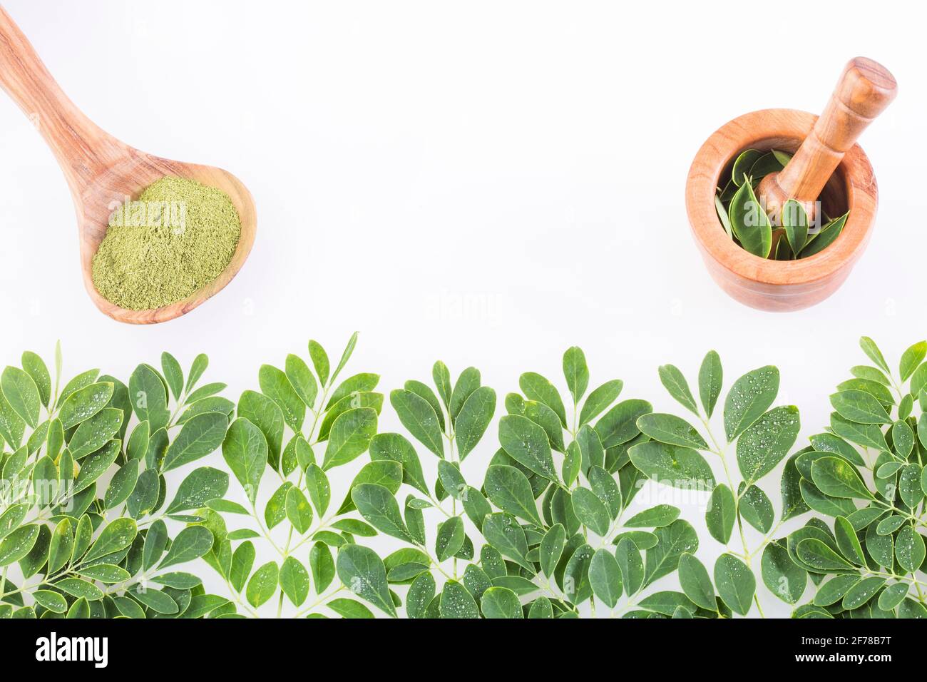 Fresh leaves and moringa powder - Moringa oleifera. Top view Stock ...