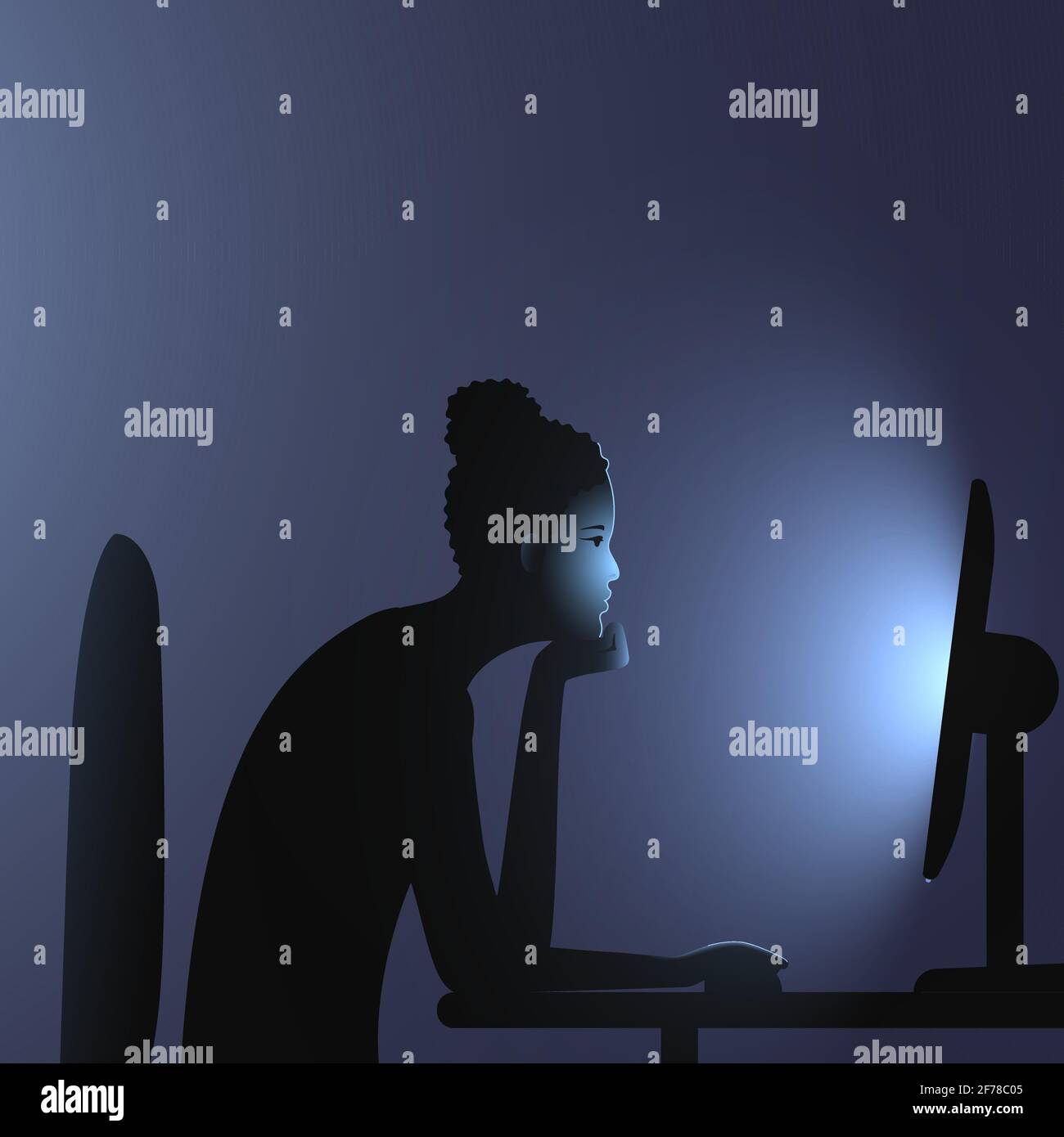 Internet addiction. A black woman with cornrows with bun hairstyle sits ...