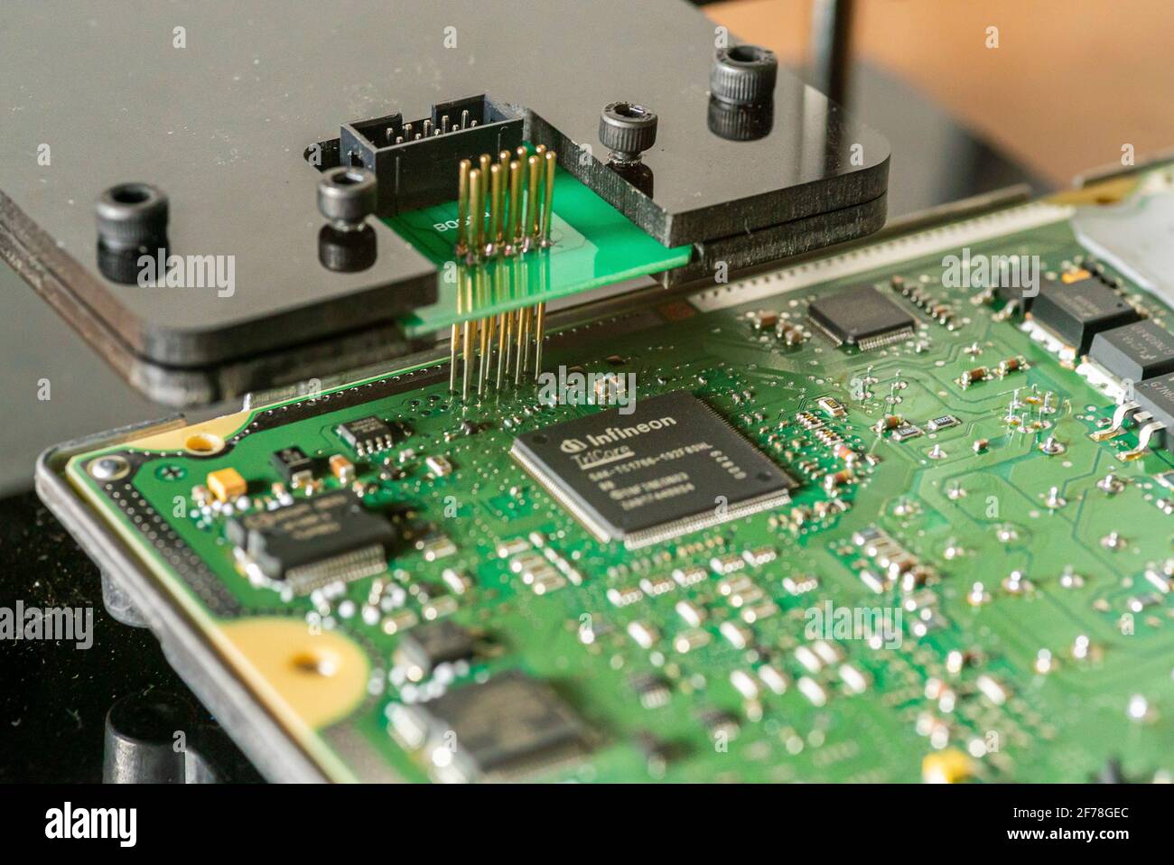 MILAN, ITALY 5 APRIL 2021: Macro detail of Car ecu bench reading method ...