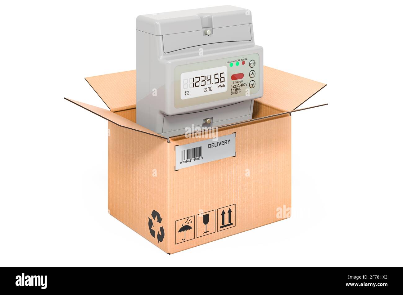 Electric meter inside cardboard box, delivery concept. 3D rendering ...