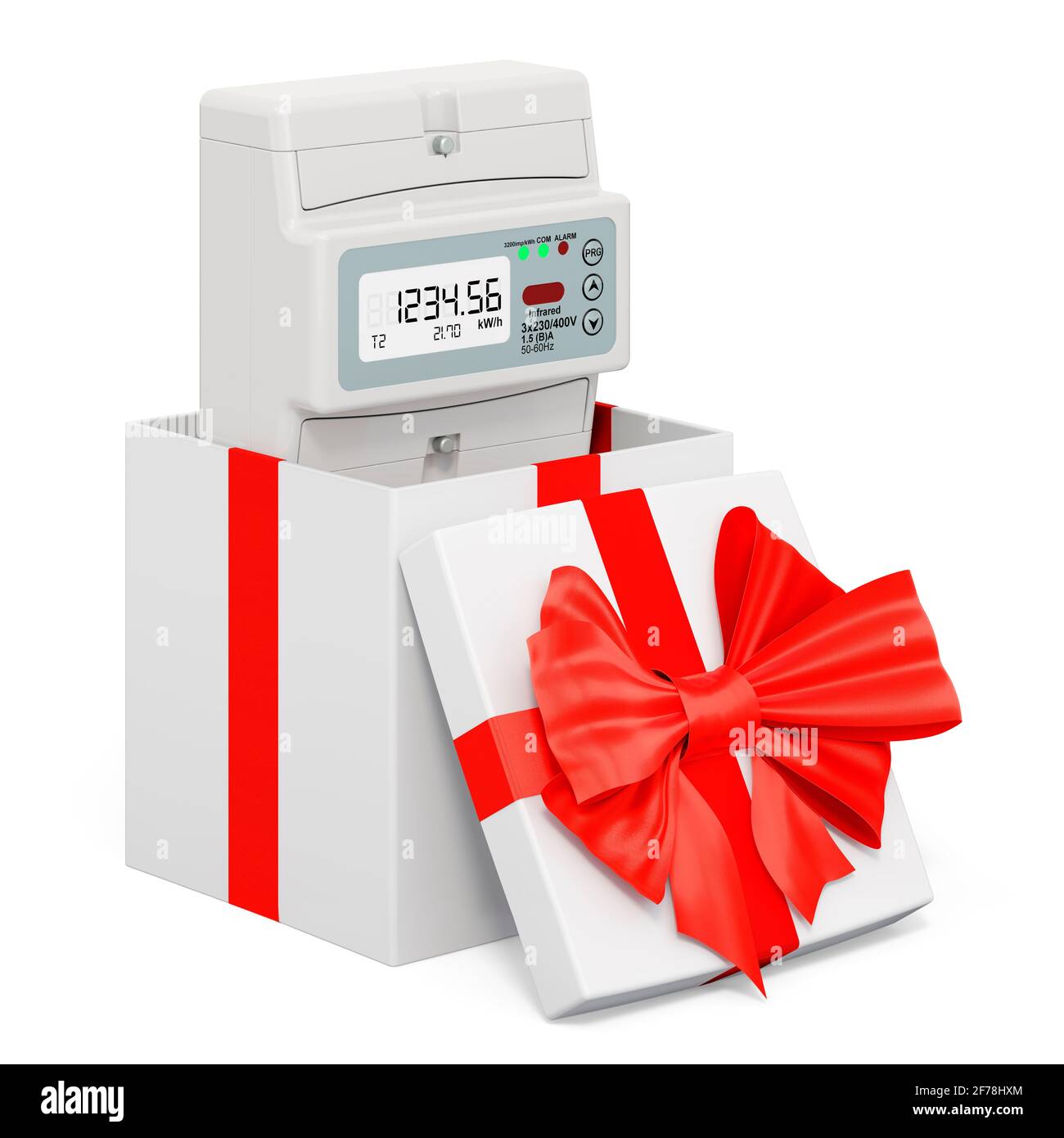 Electric meter inside gift box, present concept. 3D rendering isolated ...
