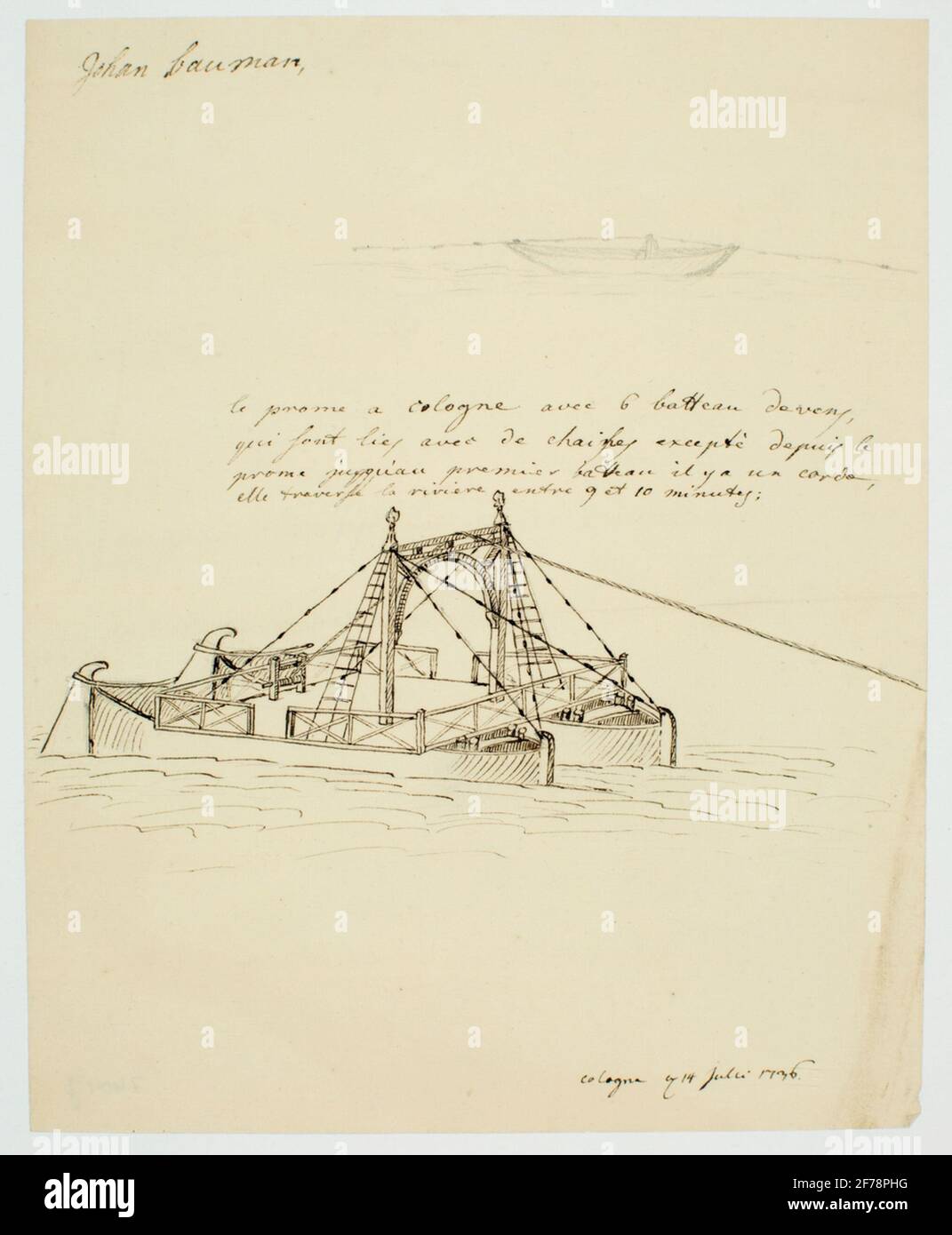 Drawing. Pontoon ferry, Cologne. July 14, 1736. From Carl Johan ...
