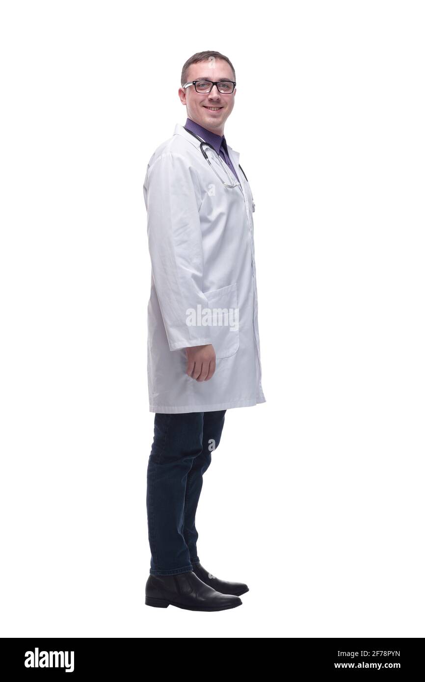 Side view full length confident male medical doctor in uniform looking ...