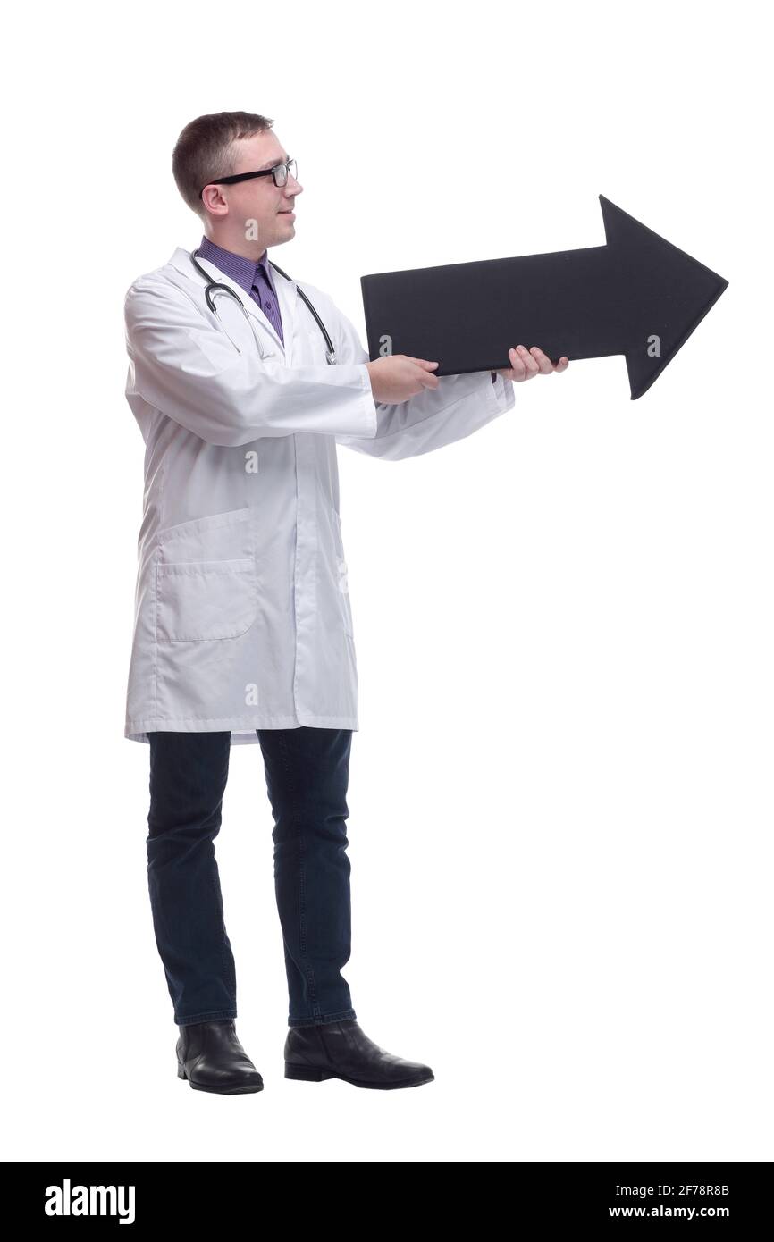 Front view of doctor holding a black arrow pointing right Stock Photo ...