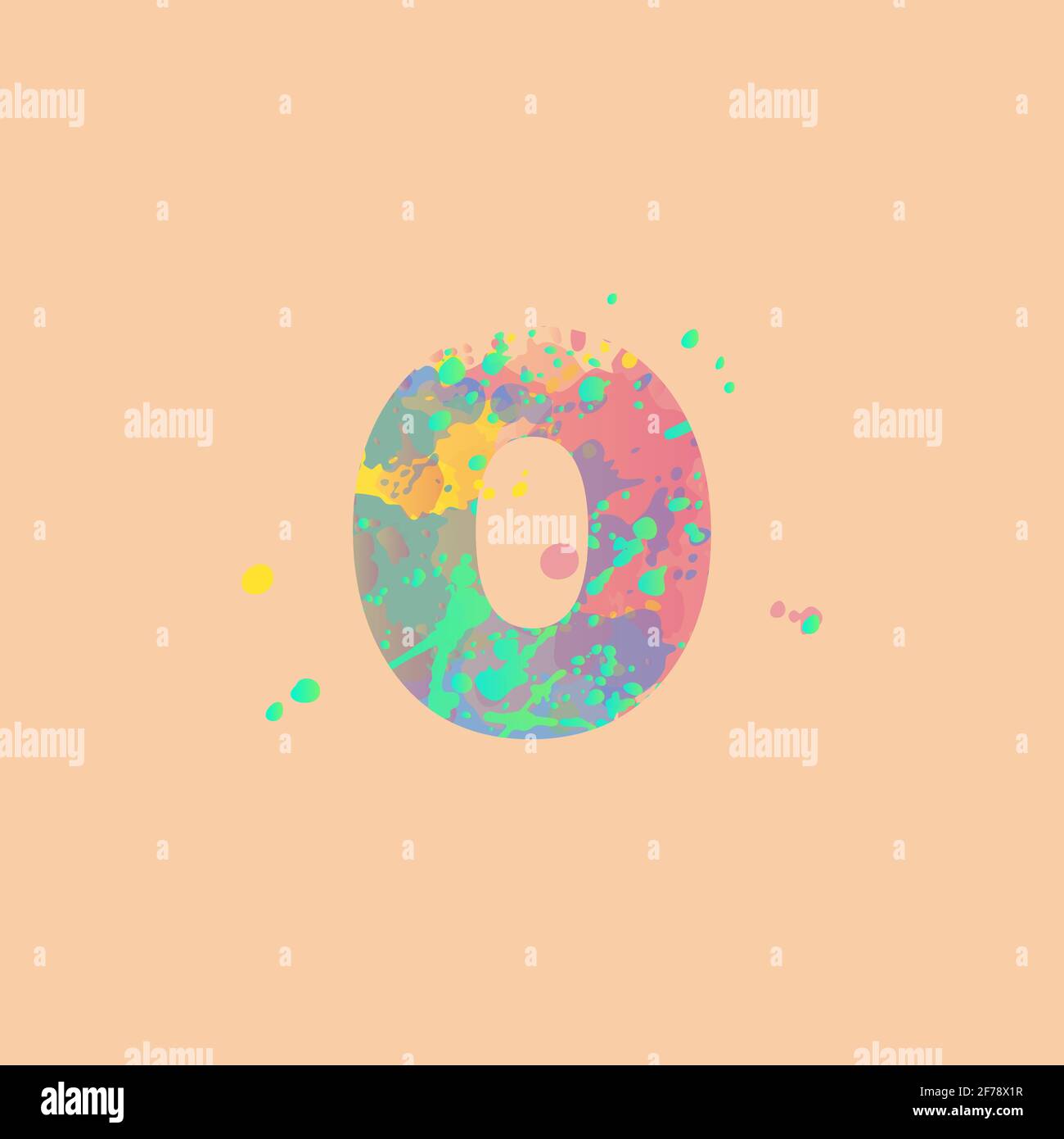 Number zero with multicolored mixed spots of pink, yellow, blue ...