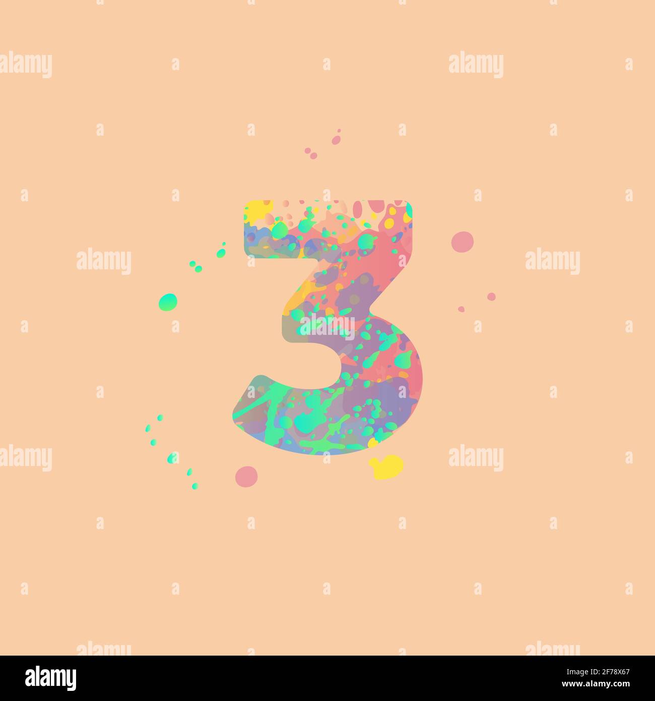 Number 3 with multicolored mixed spots of pink, yellow, blue, turquoise ...