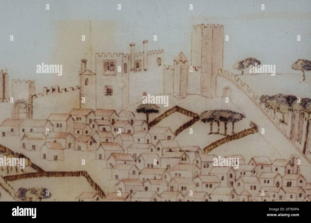 Historic drawing of the medieval castle and fortifications of Castelo ...