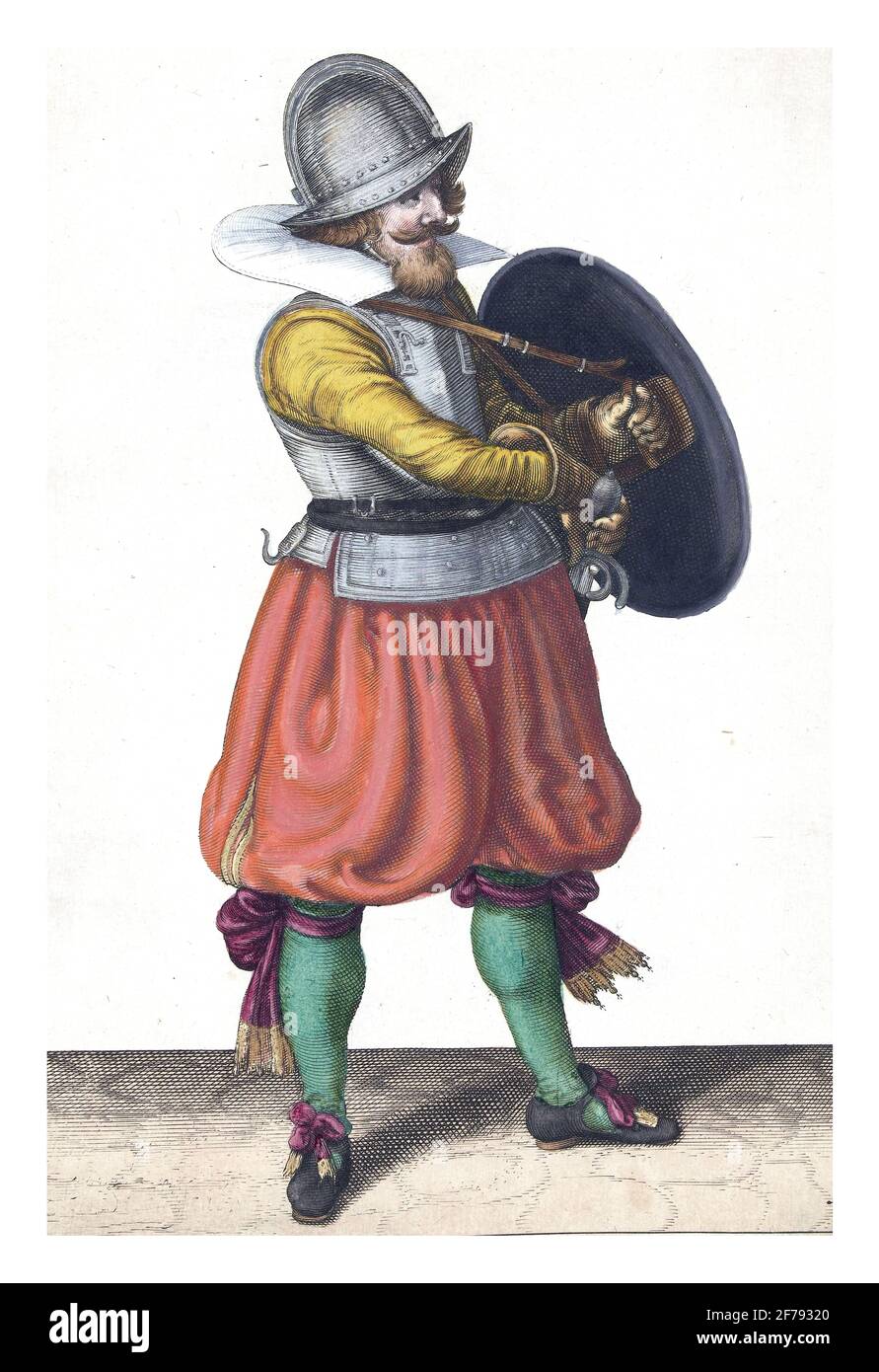 The exercise with shield and spear: the soldier pulls his rapier from ...