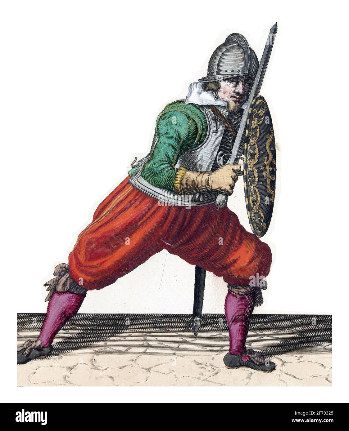 The exercise with shield and spear: the soldier in a defensive position ...