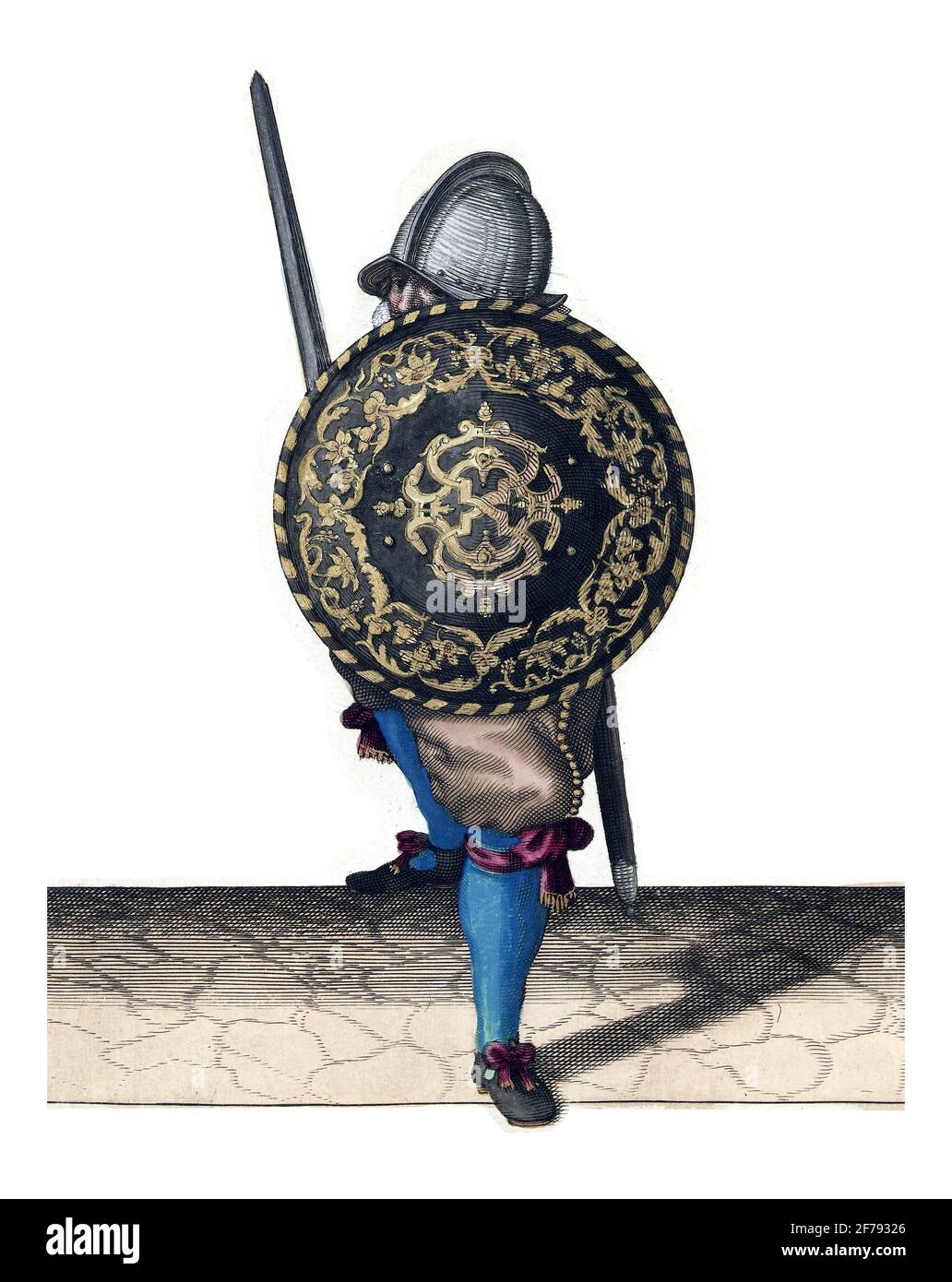 The exercise with shield and spear: the soldier in a defensive position ...