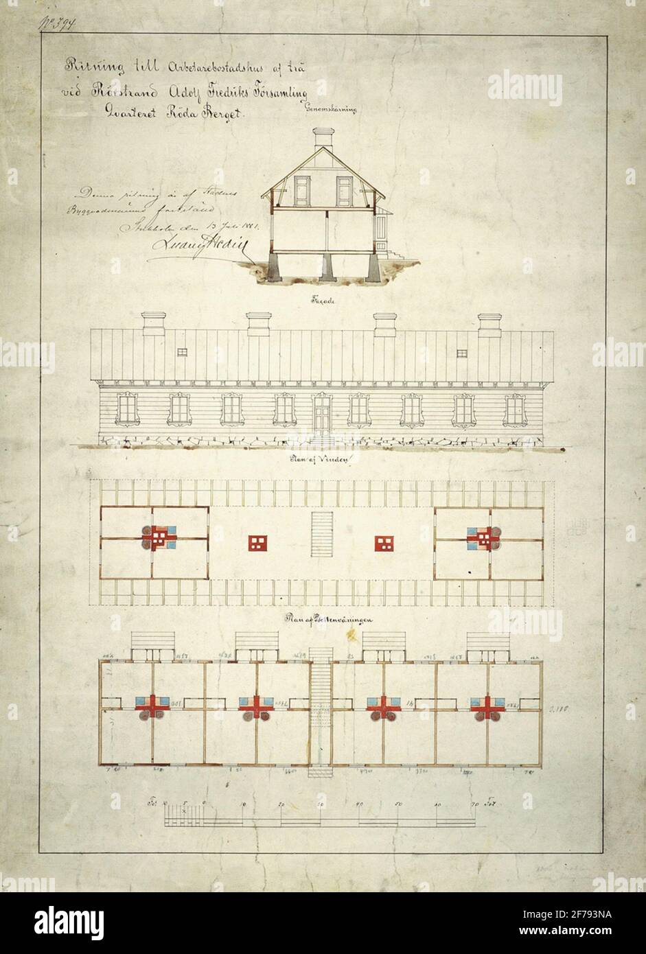 Drawing to worker residential buildings of wood at Rörstrand Stock ...