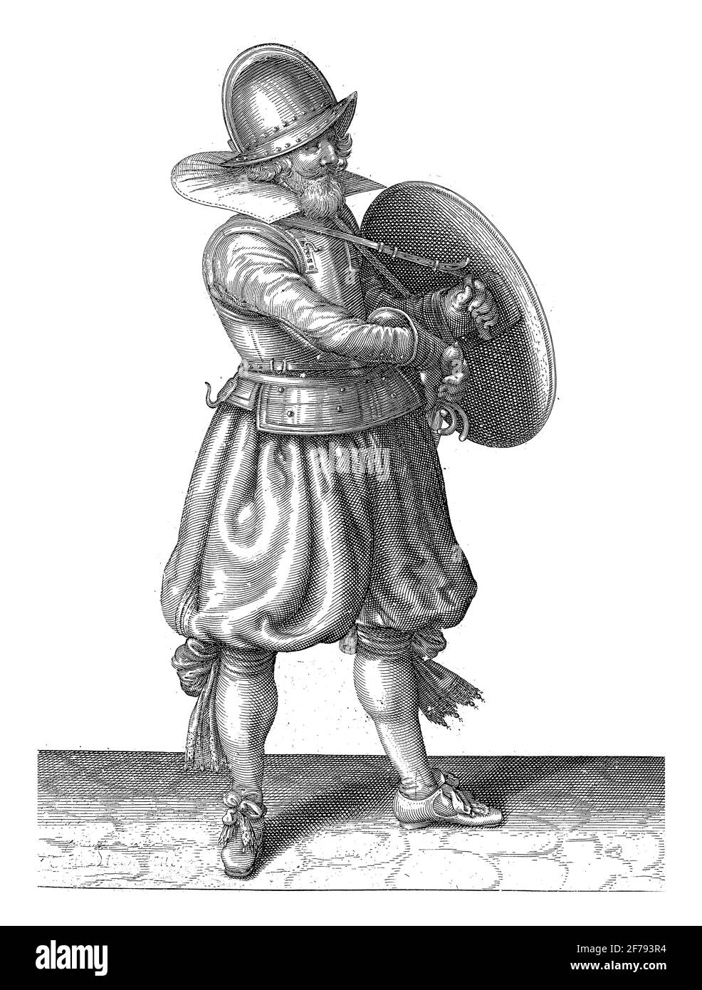 The exercise with shield and spear: the soldier pulls his rapier from ...