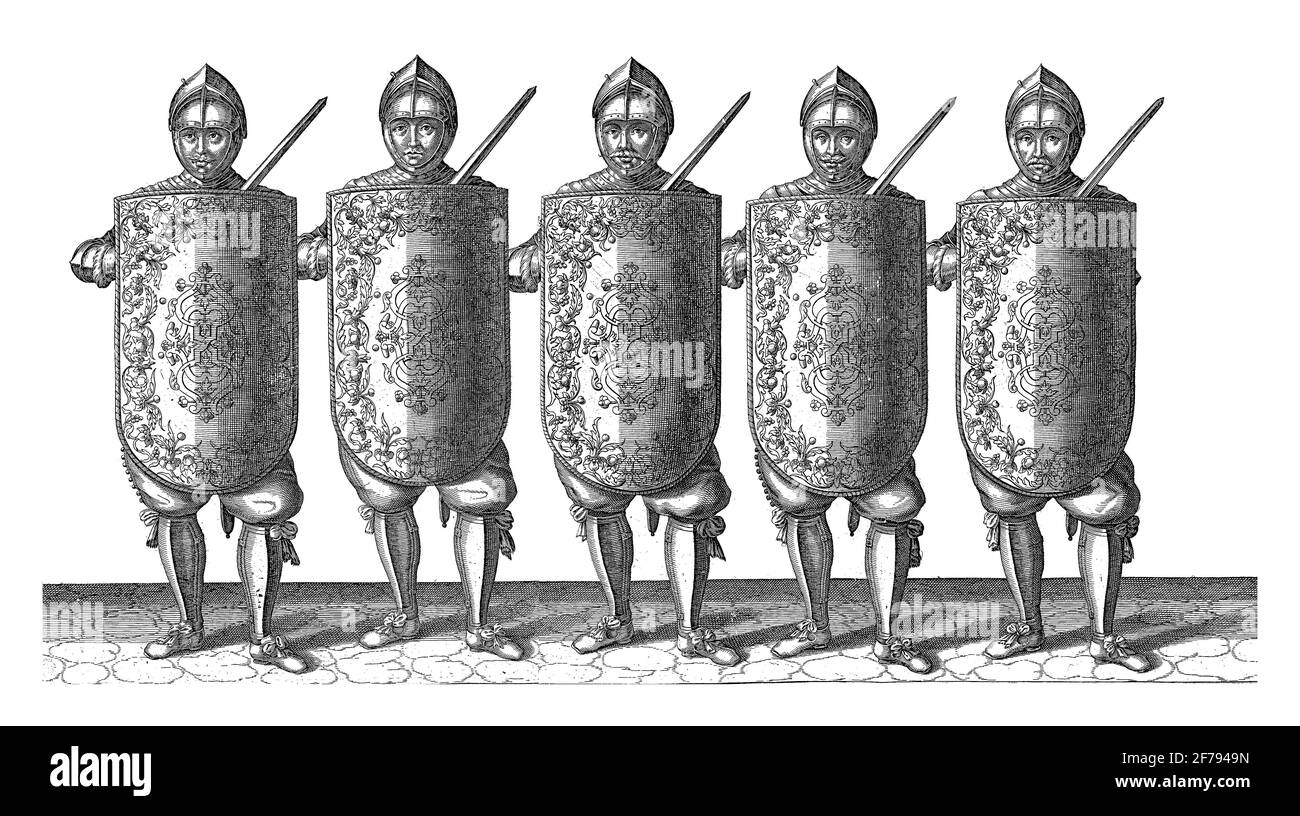 The exercise with the targe and rapier: five soldiers standing side by ...