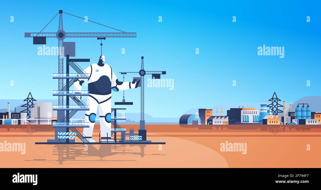 modern robot foreman engineer against construction site with building ...