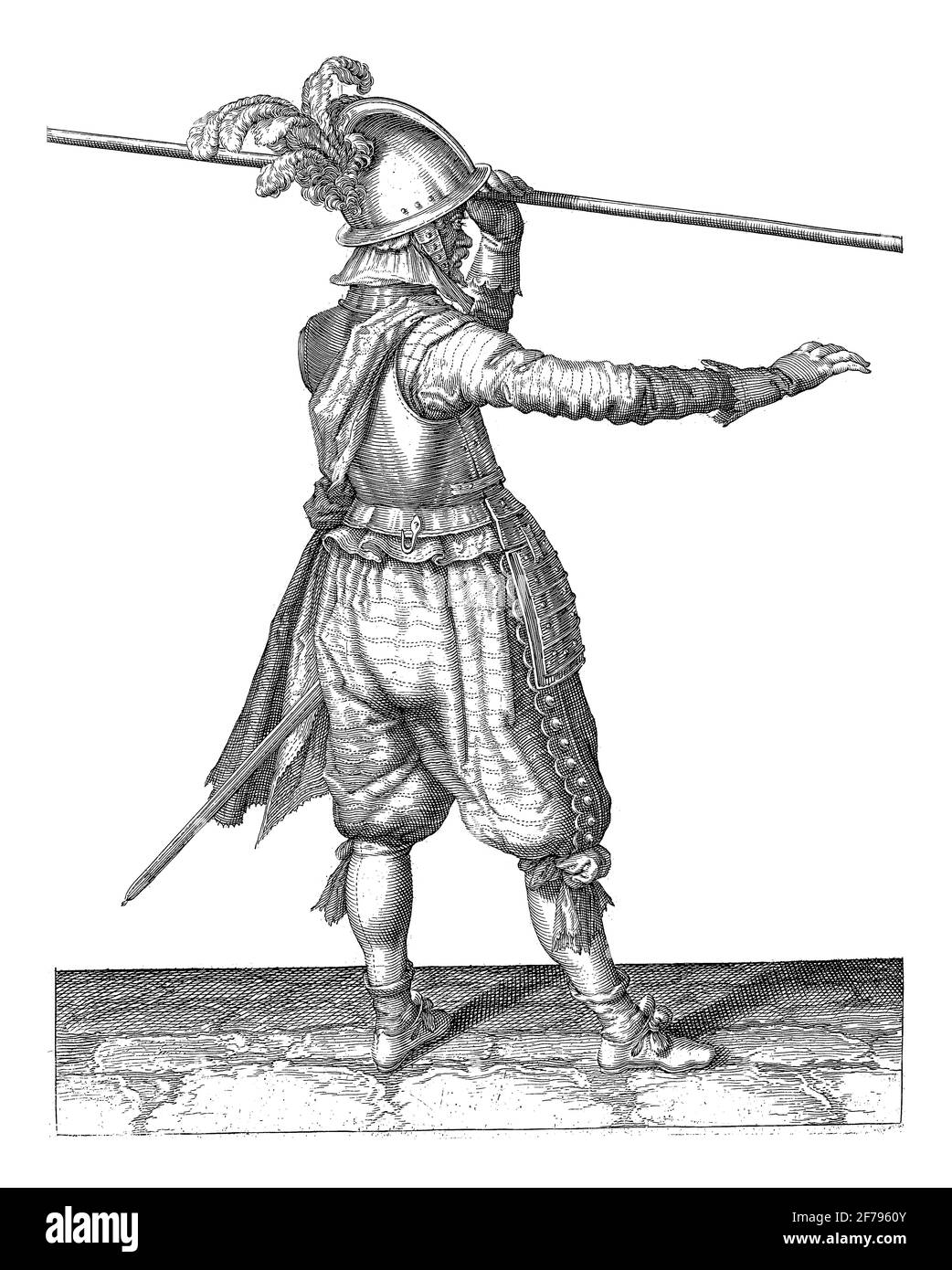 A soldier, full-length, to the right, carrying a spear (lance) with his ...