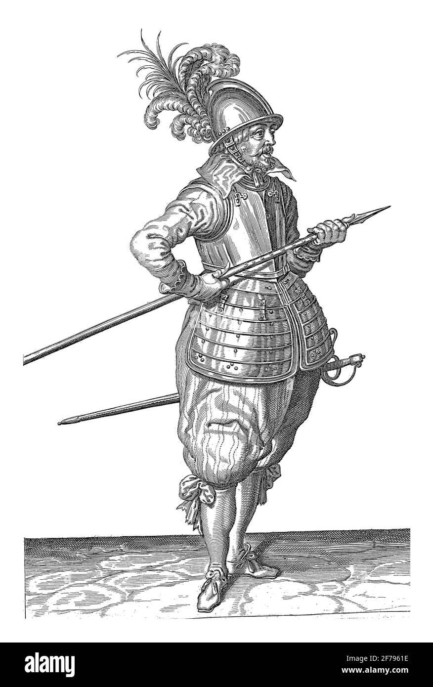 A soldier, full-length, to the right, carrying his spear (lance) with ...